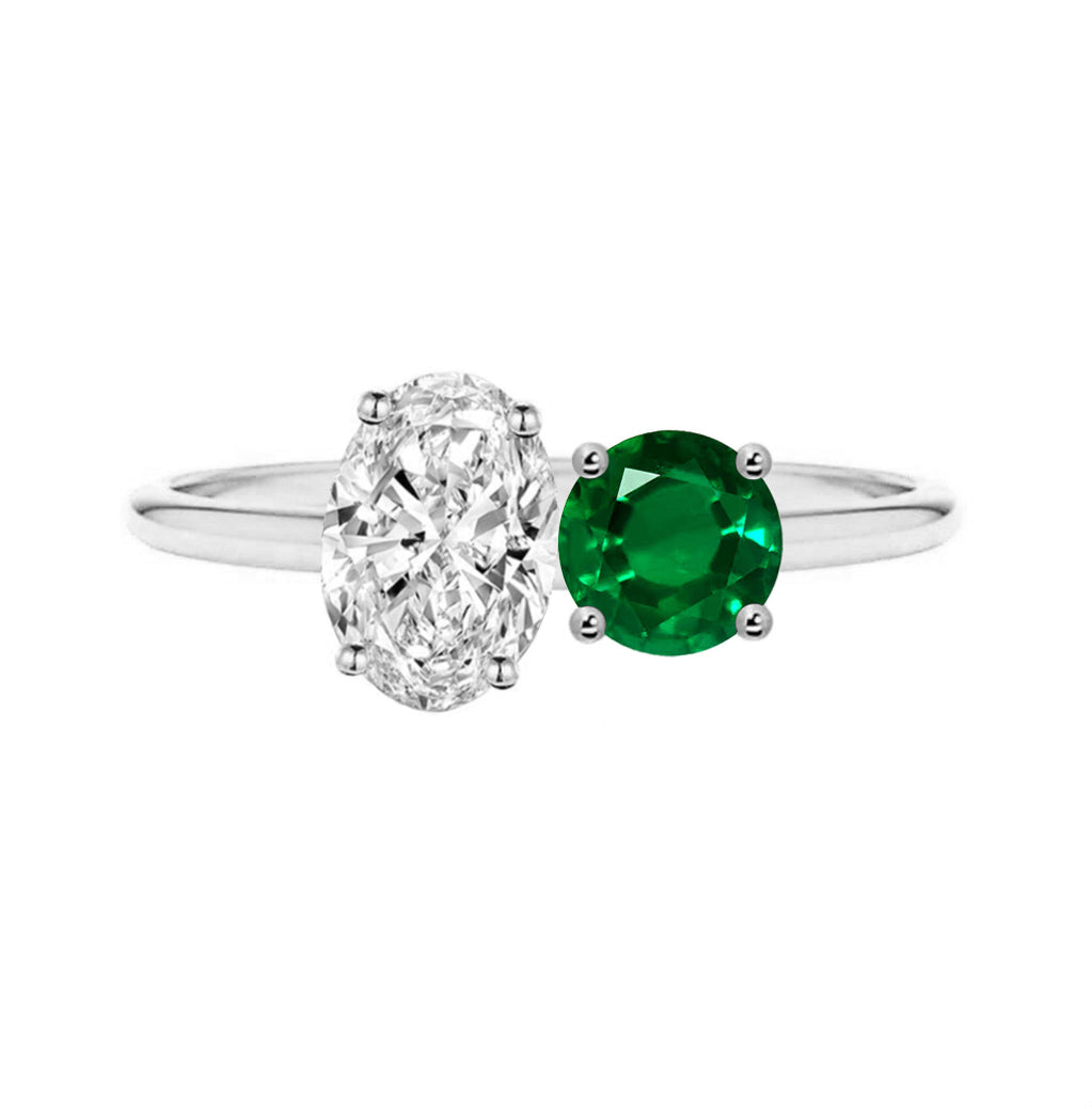 Toi Et Moi Natural Diamond And Natural Emerald Engagement Ring in 18K ...